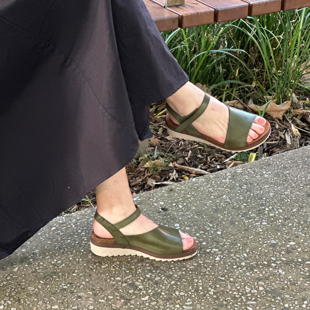 Zeta Shoes Lena - Olive | Khaki womens low wedge sandals – Shannons Shoes