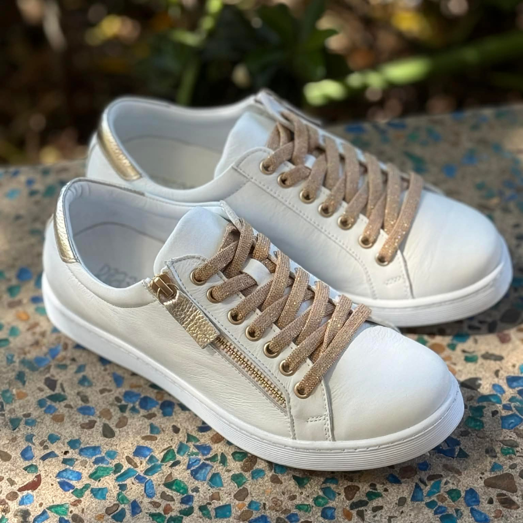 Rilassare Token White Gold Leather Sneakers | Side Zip Comfort Shoes ...