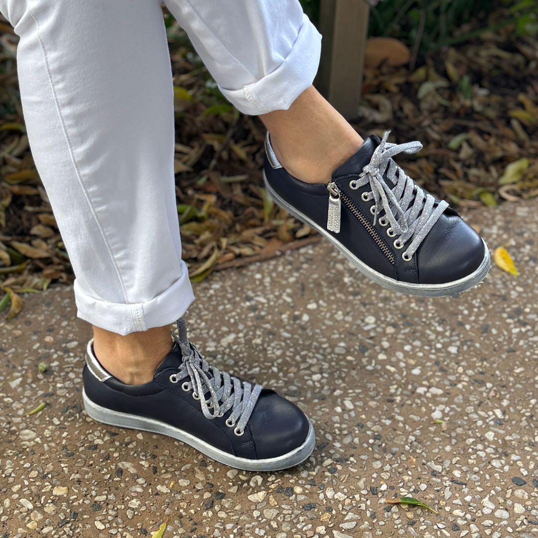 Rilassare Token Navy Silver Leather Sneakers | Side Zip Comfort Shoes ...