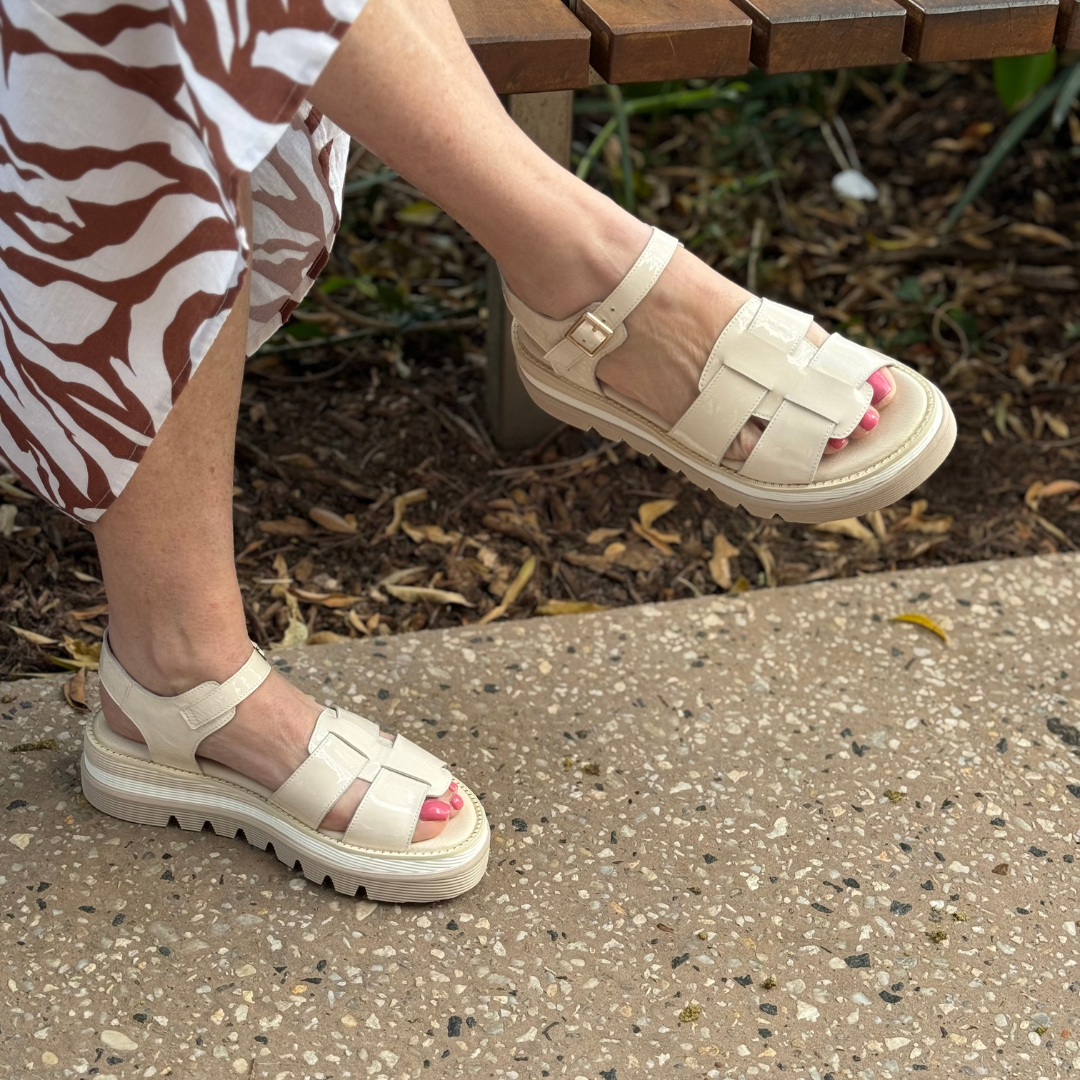 Django & Juliette Simm Ivory Patent Leather Sandals | Shannon’s Shoes ...